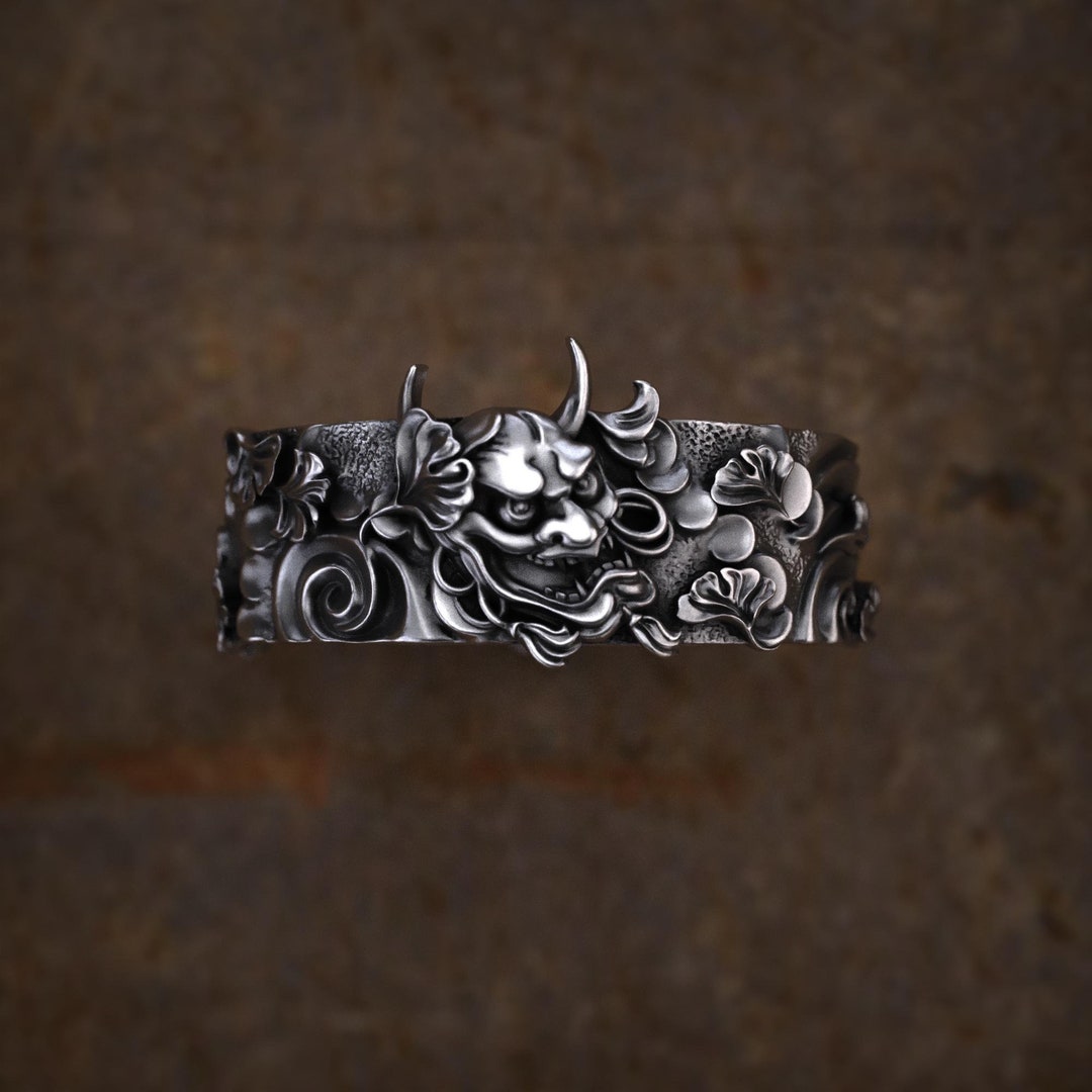 Silver Japanese Oni Mask Ring, Hannya Band Ring, Demon Engraved Band ...
