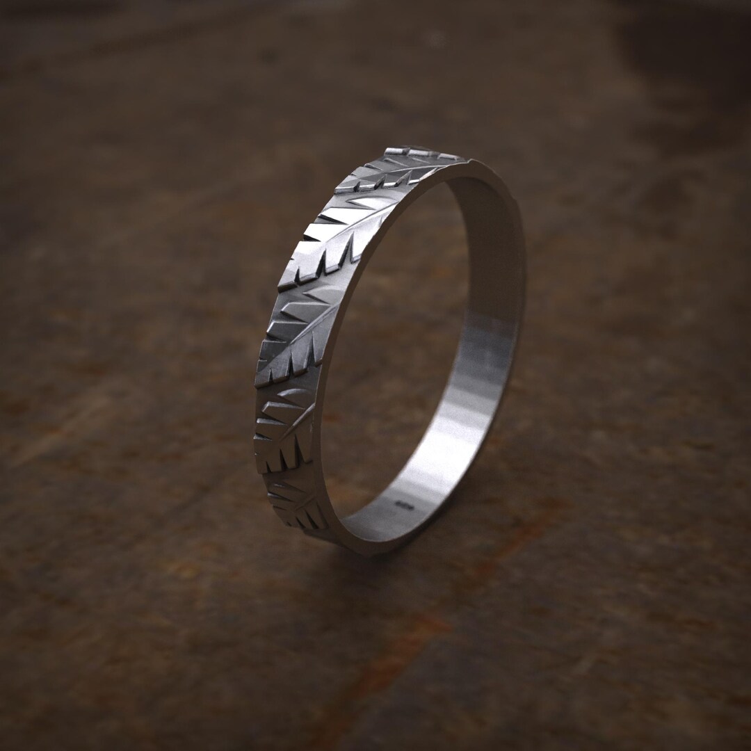 Nature Inspired Leaf Pattern Ring, Unisex Sterlin Silver Band Ring ...