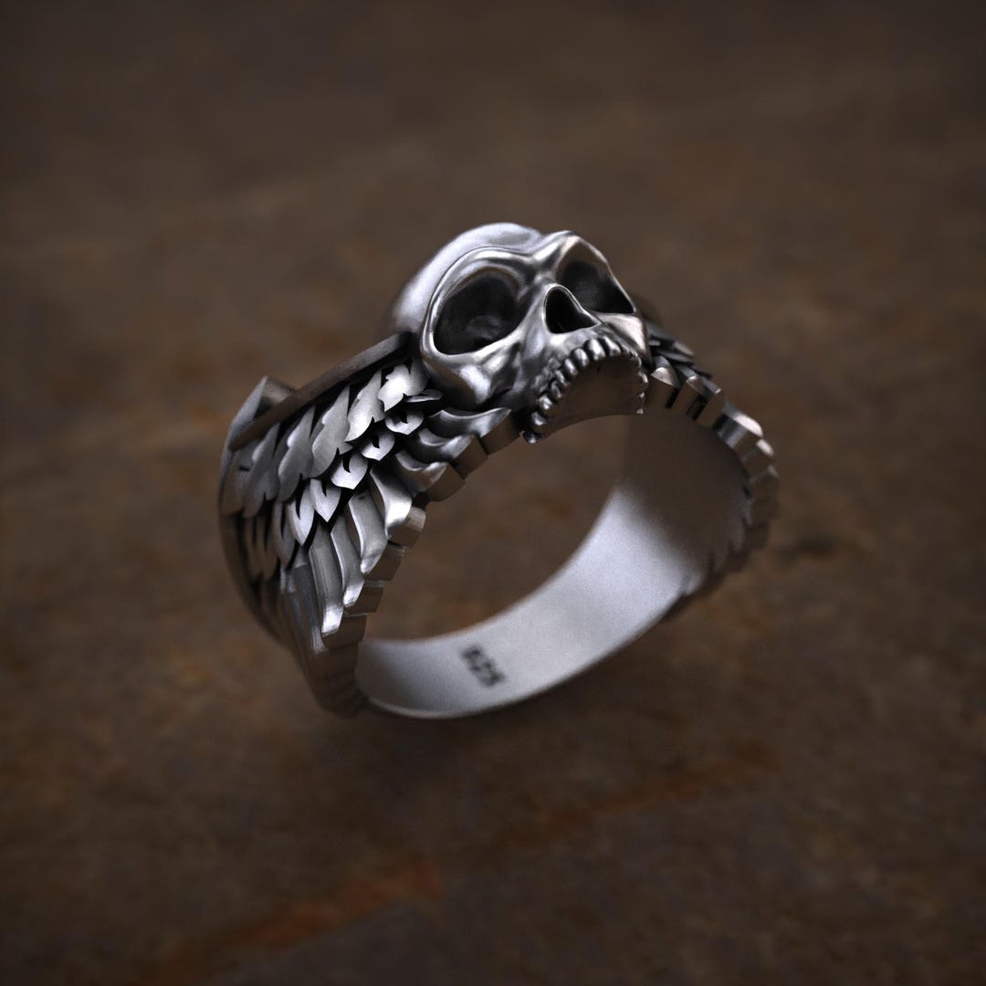 Skull Ring, 925 Solid Sterling Silver, Angel Wings Ring, Heavy Metal ...