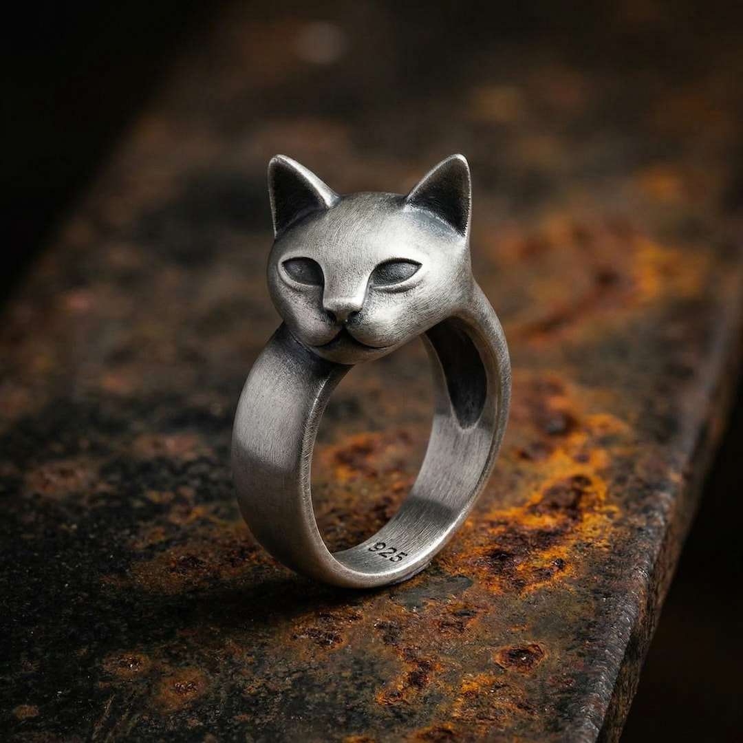 925 Sterling Silver Cat Ring, Minimalist Kitty Jewelry, Oxidized Animal ...
