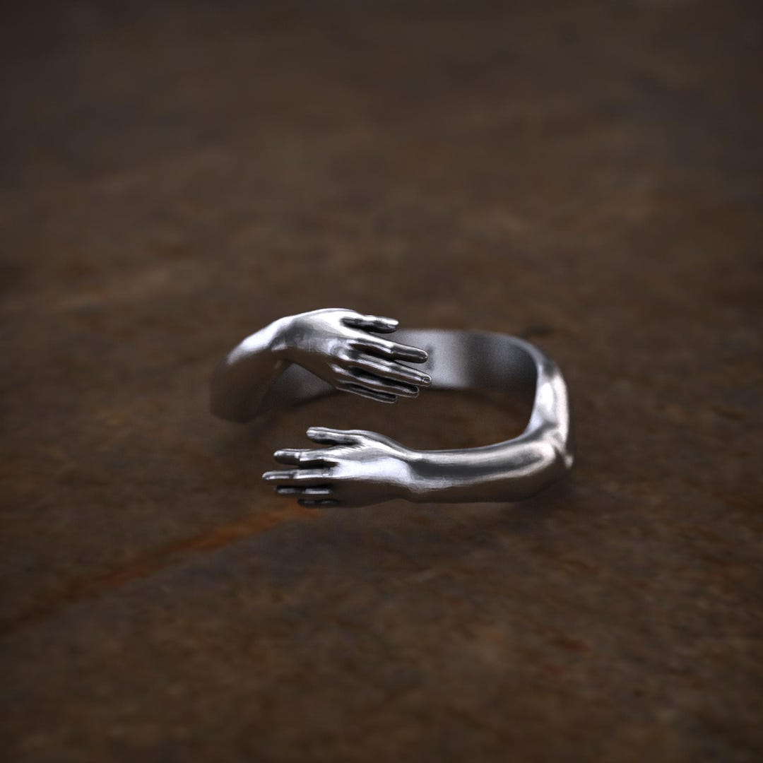 Personalized 925 Silver Hand Hug Ring, Engraved Hand Design, Adjustable ...