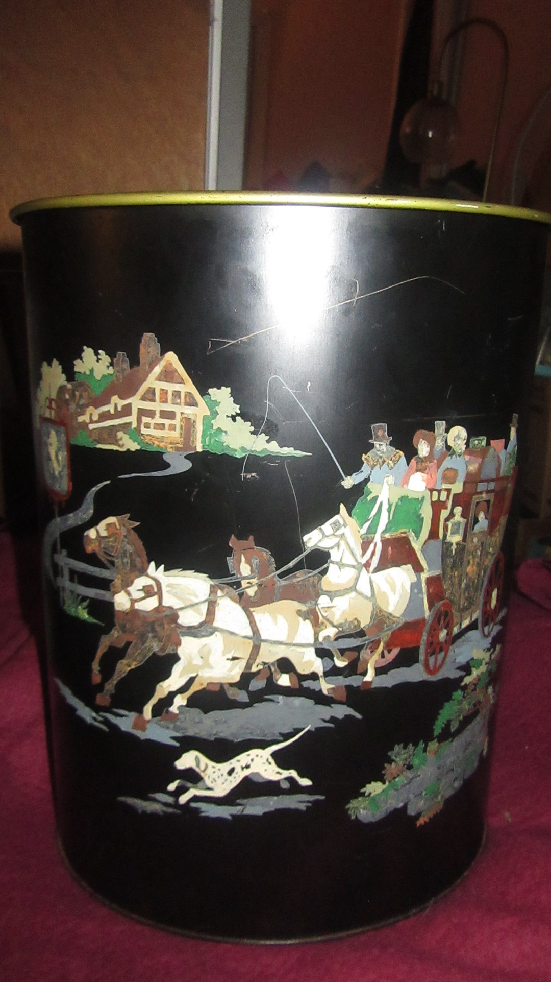 Vtg Metal MCM Waste Oval Basket Trash Can Hnd Painted Scene With ...