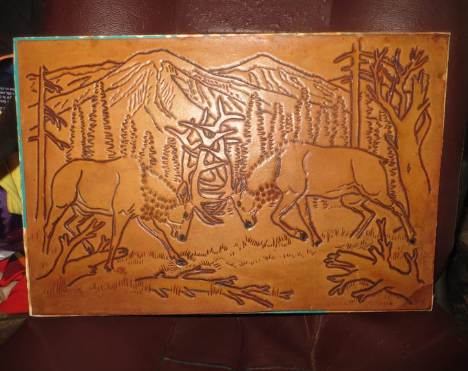 Vintage Hand Carved Leather Art Picture, Elk in Woods Leather Hand ...