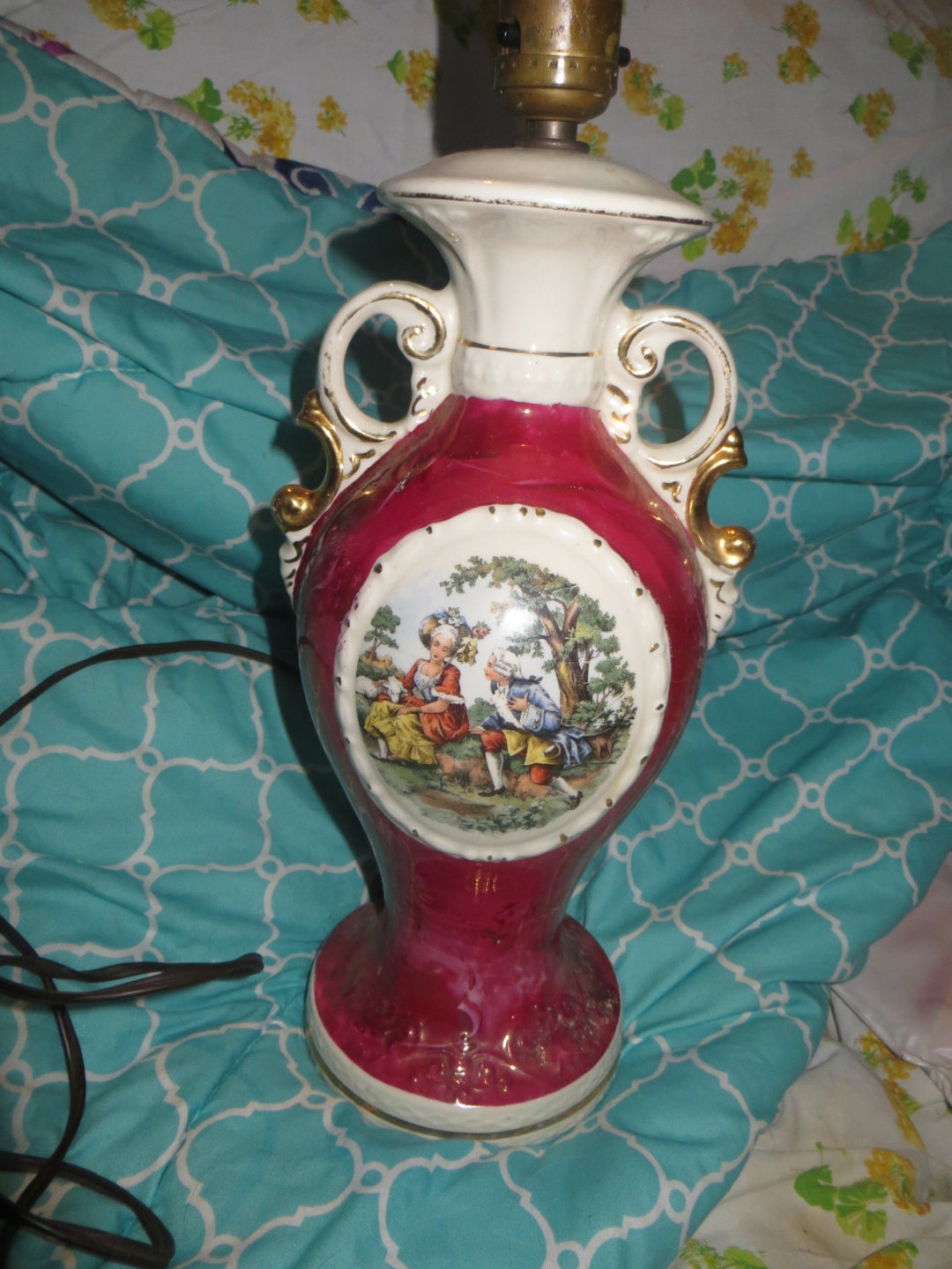 Antique 2 Handle Hand Painted Porcelain Working Electric Table Lamp ...
