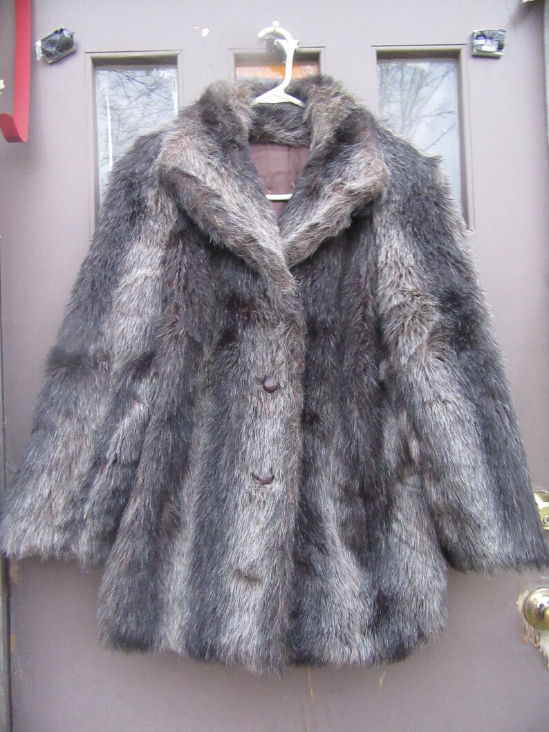 80s Vintage Style VI Ltd BROWN GREY Plush Faux Fur / Furry Coat Med ...