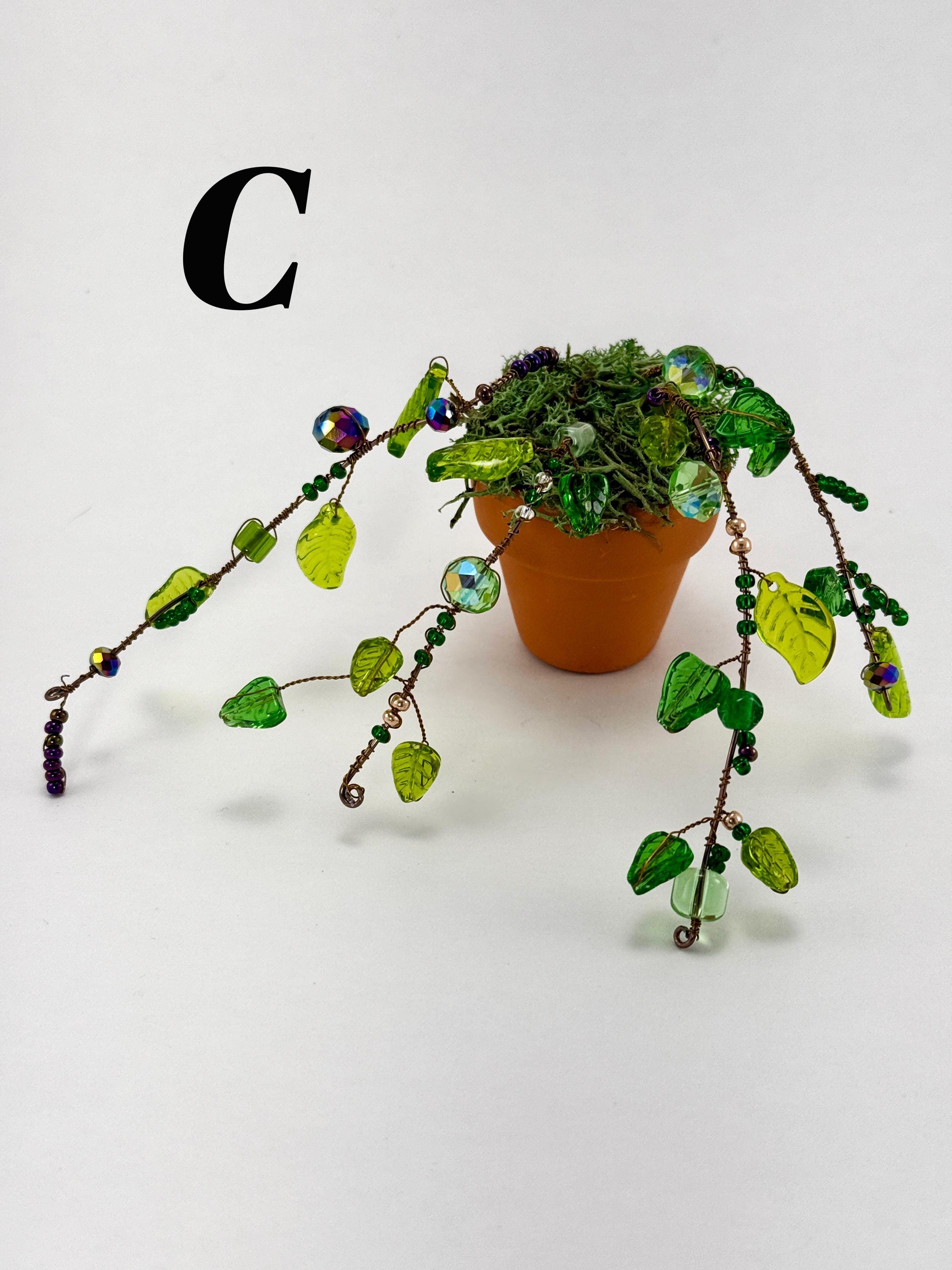 Wire-wrapped Beaded Succulent in Mini Clay Pot | Crystal Green Leaves ...