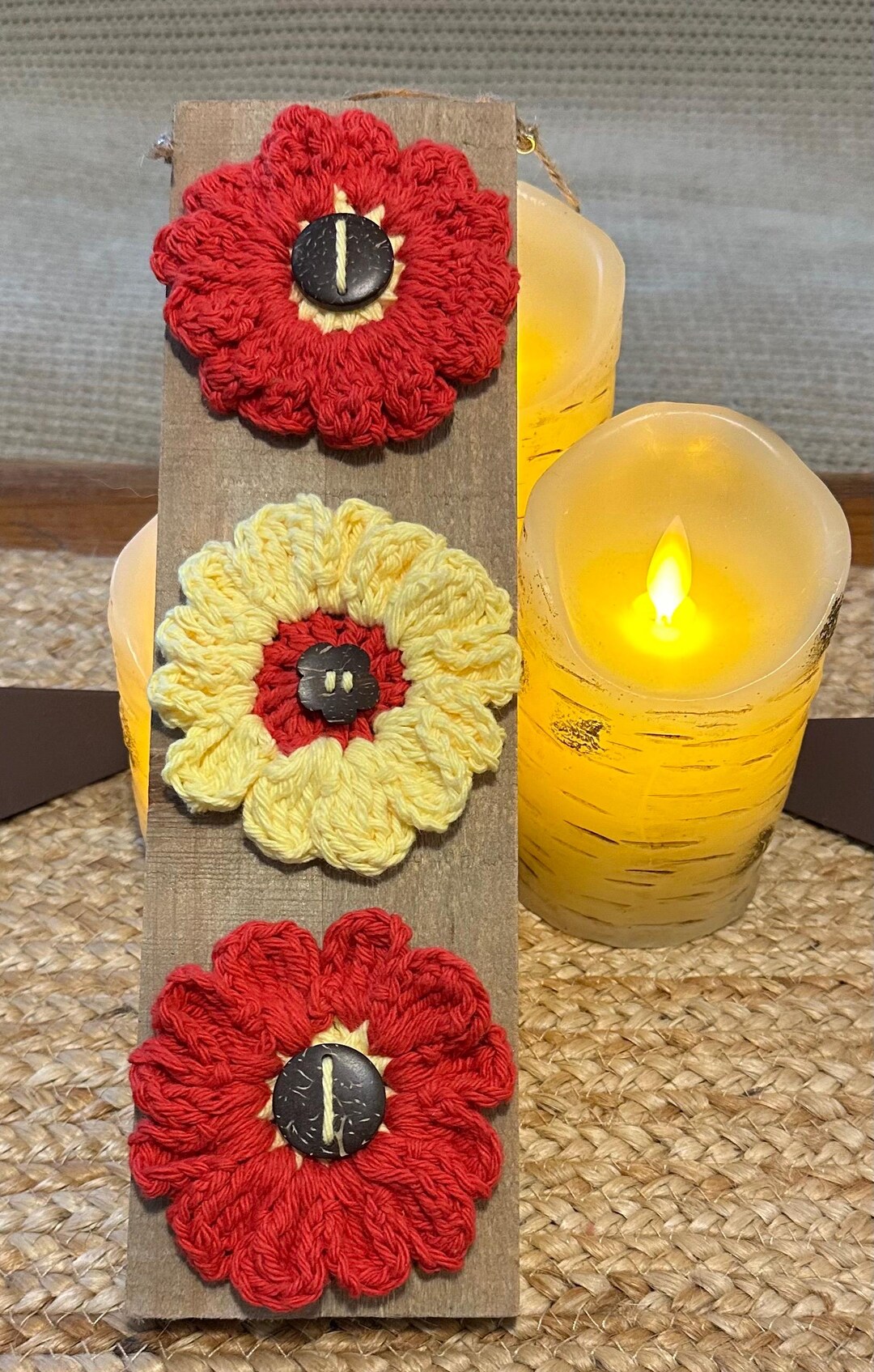 Crocheted Flower Wood Sign: Button Accent Hanging Decor - Etsy