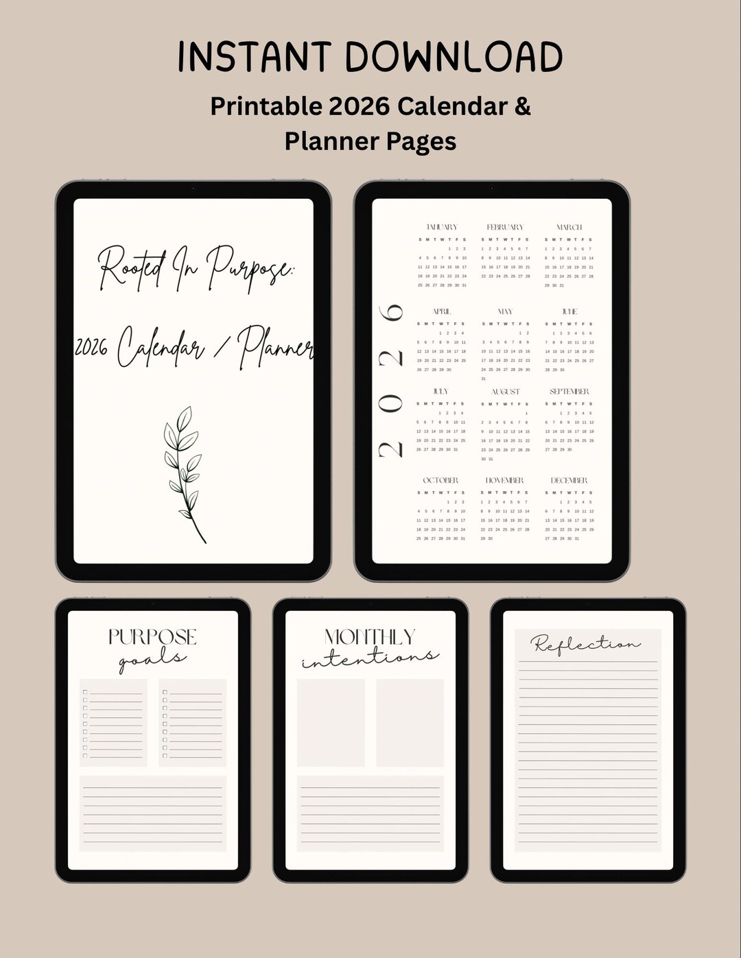 Rooted in Purpose 2026 Printable Planner | Minimal Yearly Calendar ...