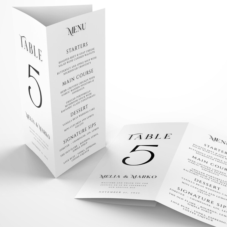 Trifold Wedding Menu, Elegant Table Sign, Simple Wedding Menu, Food and ...