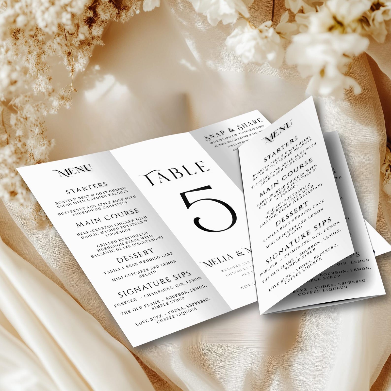 Trifold Wedding Menu, Elegant Table Sign, Simple Wedding Menu, Food and ...