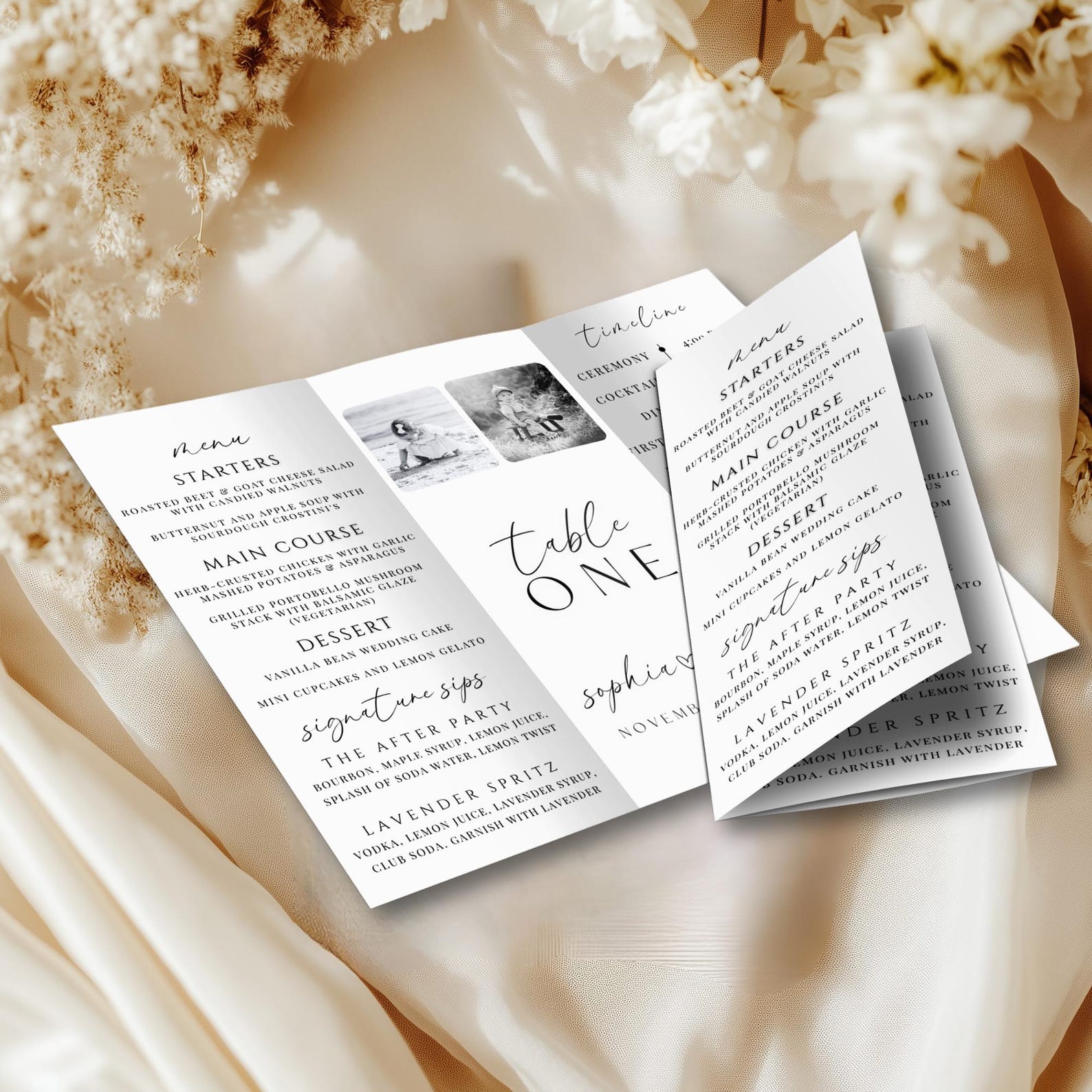 Trifold Wedding Menu, Elegant Table Sign, Simple Wedding Menu, Food and ...