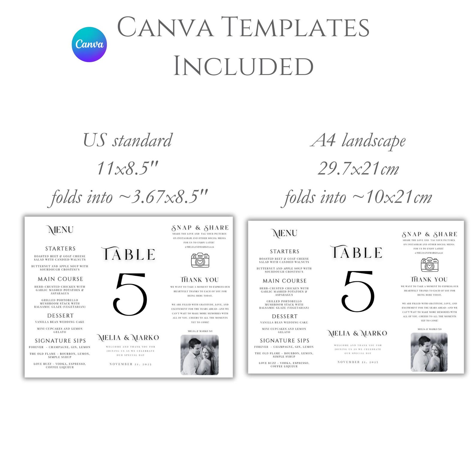 Trifold Wedding Menu, Elegant Table Sign, Simple Wedding Menu, Food and ...