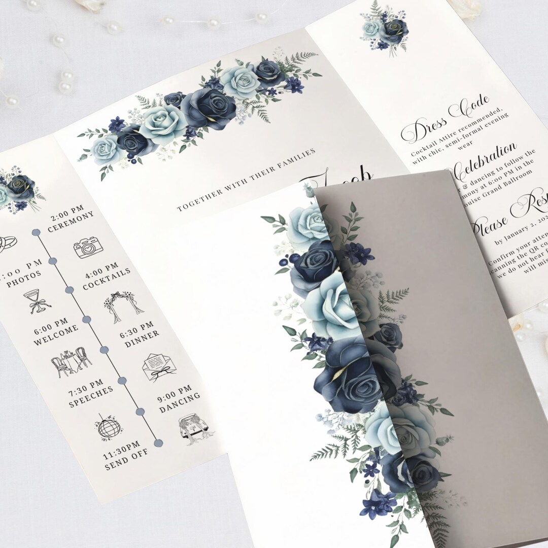 Navy Blue Gate Fold Wedding Invitation, Luxury Wedding Invitation Suite ...