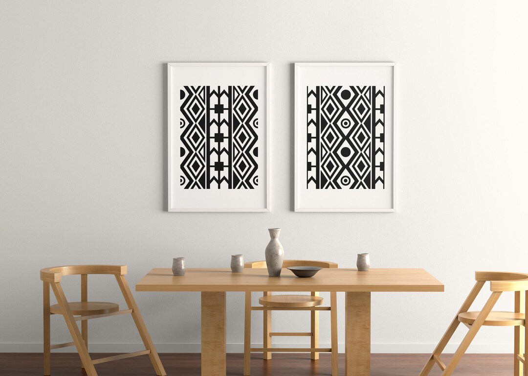 Geometric African Art, Set of 2 Abstract Black and White Decor, Pattern ...