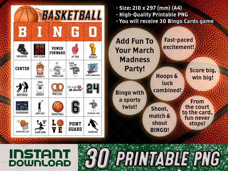 30 Basketball Bingo Game Printable Png, Sports Bingo, Party Bingo ...