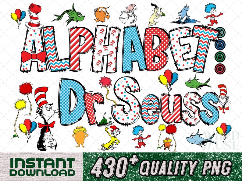 430+ Dr Seuss Alphabet Doodle Mega Bundle PNG , Reading Day PNG, Cat in ...