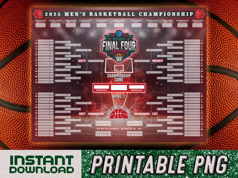 2025 Men's March Brackets Printable PNG, Men's Basketball Championship ...