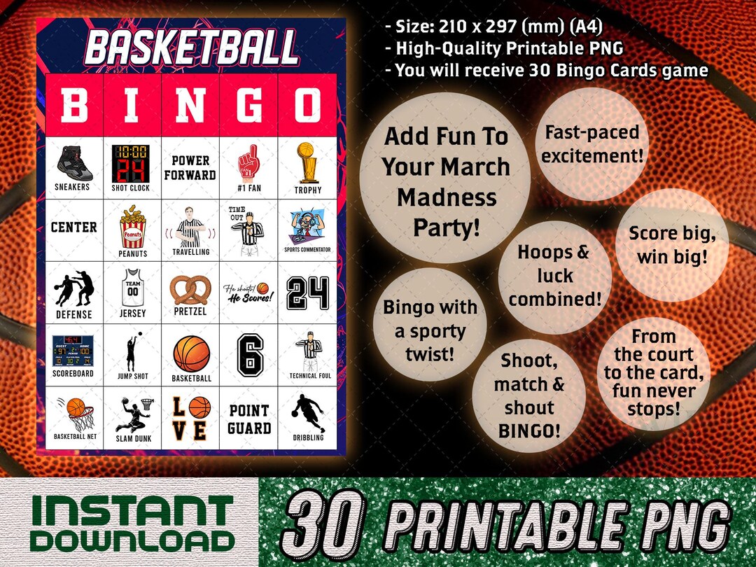 30 Basketball Bingo Game Printable Png, Sports Bingo, Party Bingo ...