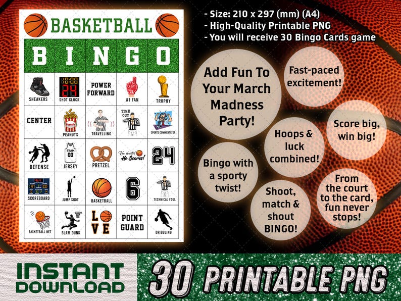 Basketball Bingo Game Printable 30 Png, Sports Bingo, Party Bingo ...