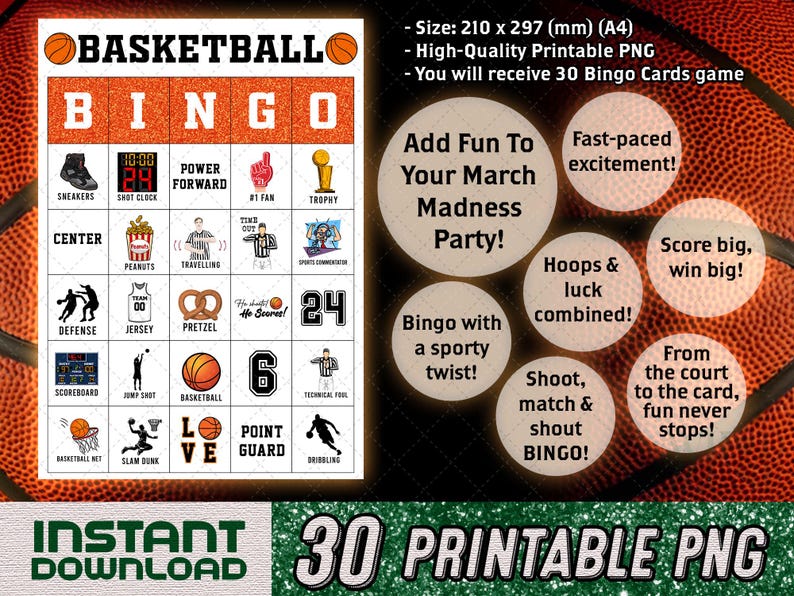 30 Basketball Bingo Game Printable Png, Sports Bingo, Party Bingo ...