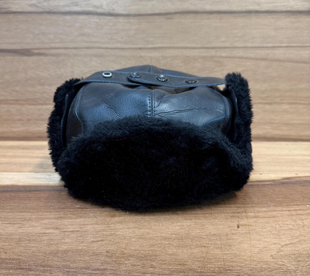 70's Trooper Vinyl Snap Ear Flaps Winter Black Cap Size Large Made in U ...