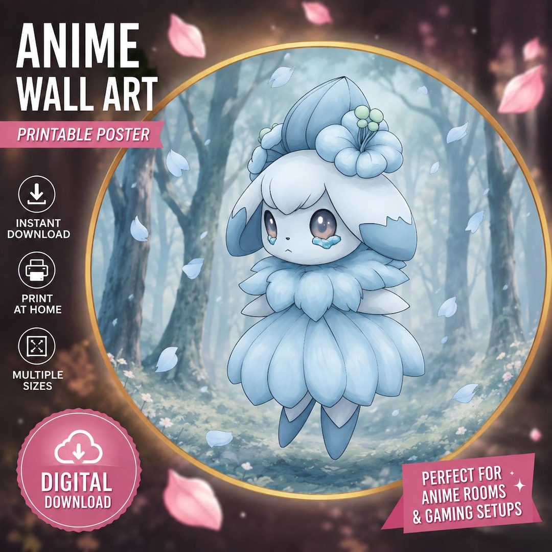 Blue Anime Fantasy Character Poster, Pastel Kawaii Wall Art (digital ...