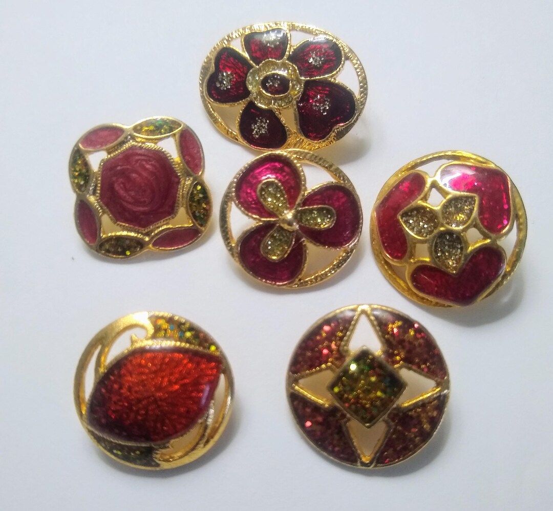 Pretty 1980's Japan Metal and Enameled Buttons - Each Different 5 Total ...