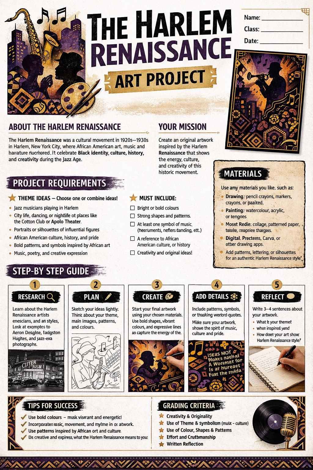 Harlem Renaissance Art Project Printable, Black History Month Lesson ...