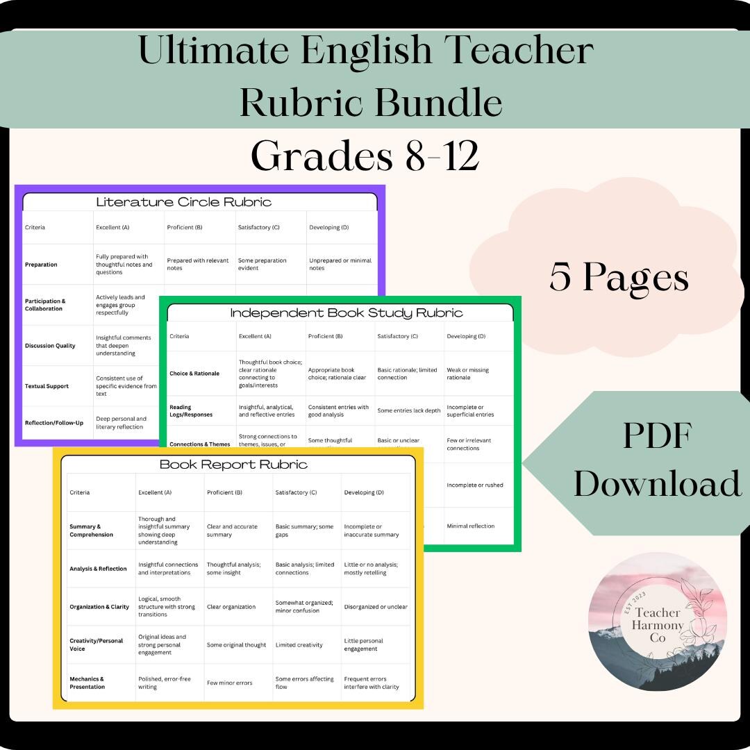 English 8-12 Rubric Bundle- Digital Resource- Printable - Etsy