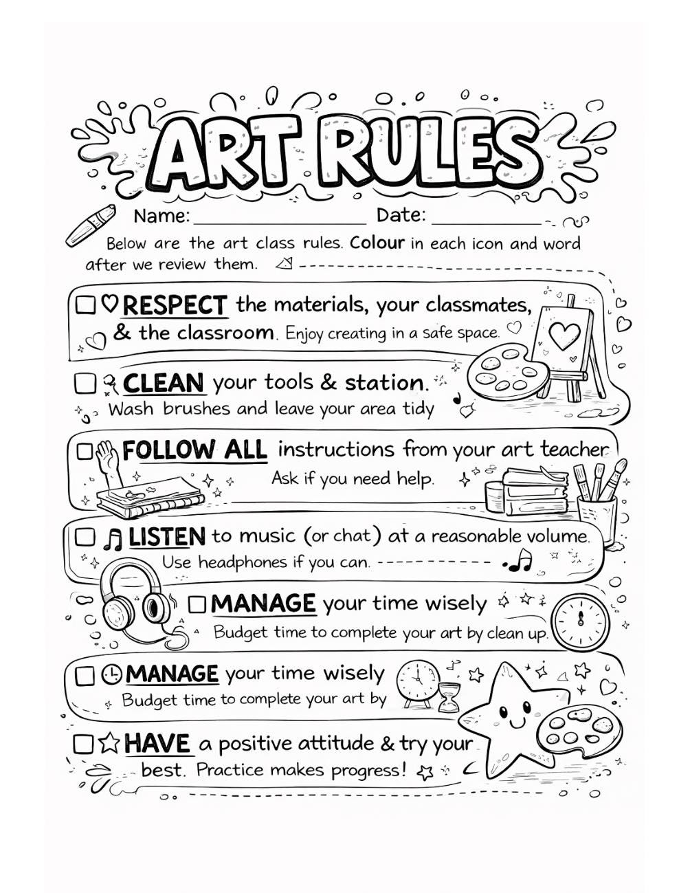 Art Class Rules Colouring Page | Classroom Expectations | Art Activity ...