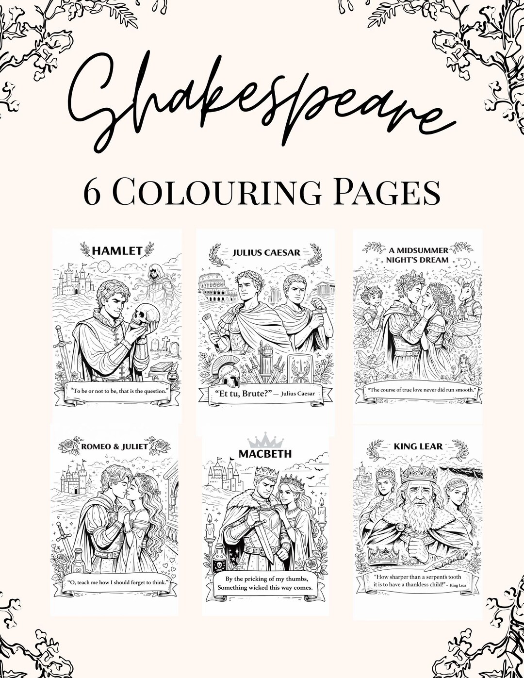 Shakespeare Coloring Pages Bundle | Romeo & Juliet, Hamlet, Macbeth ...