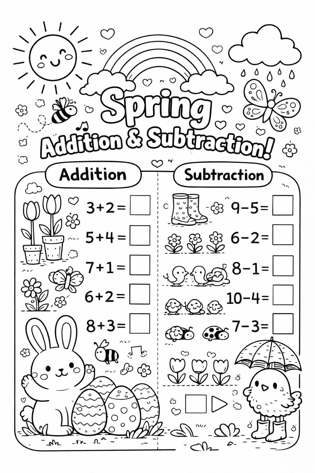 Spring Math Worksheet Printable | Addition and Subtraction Practice ...