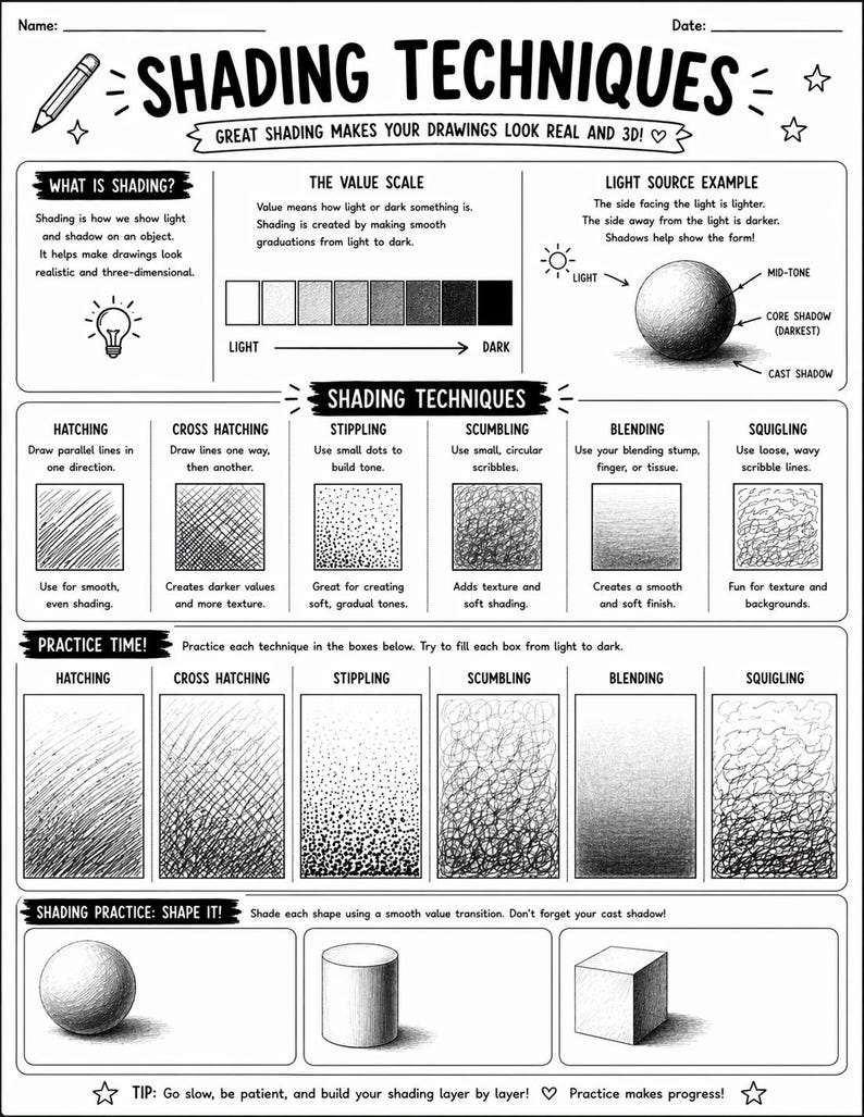 Shading Techniques Worksheet-value Scale Worksheet-visual Arts Handouts ...