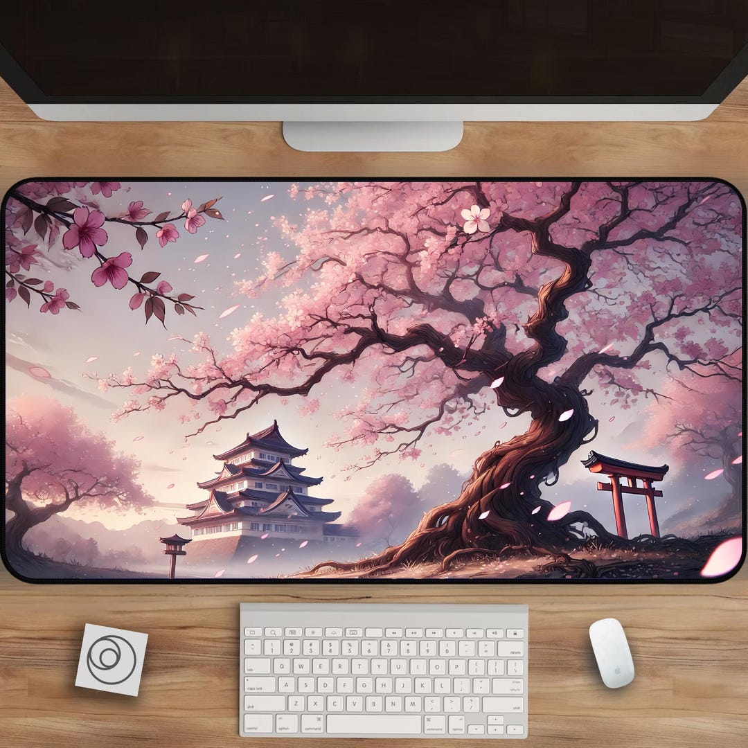 Japanese Temple Deskmat, Sakura Tree Art, Zen Landscape Gaming Mat ...
