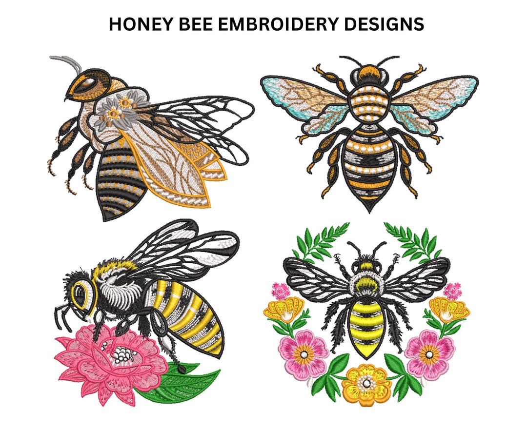 Honey Bee and Floral Embroidery Patterns - Set of 4 Digital Designs ...