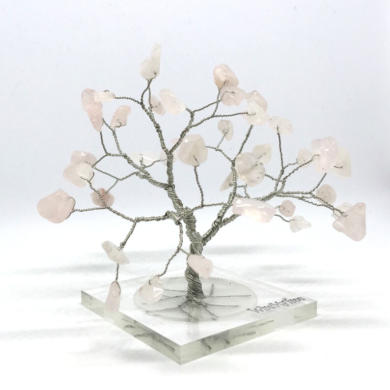Rose Quartz Gemstone Wire Tree Statue, Silver Pink Tree of Life, Yoga ...