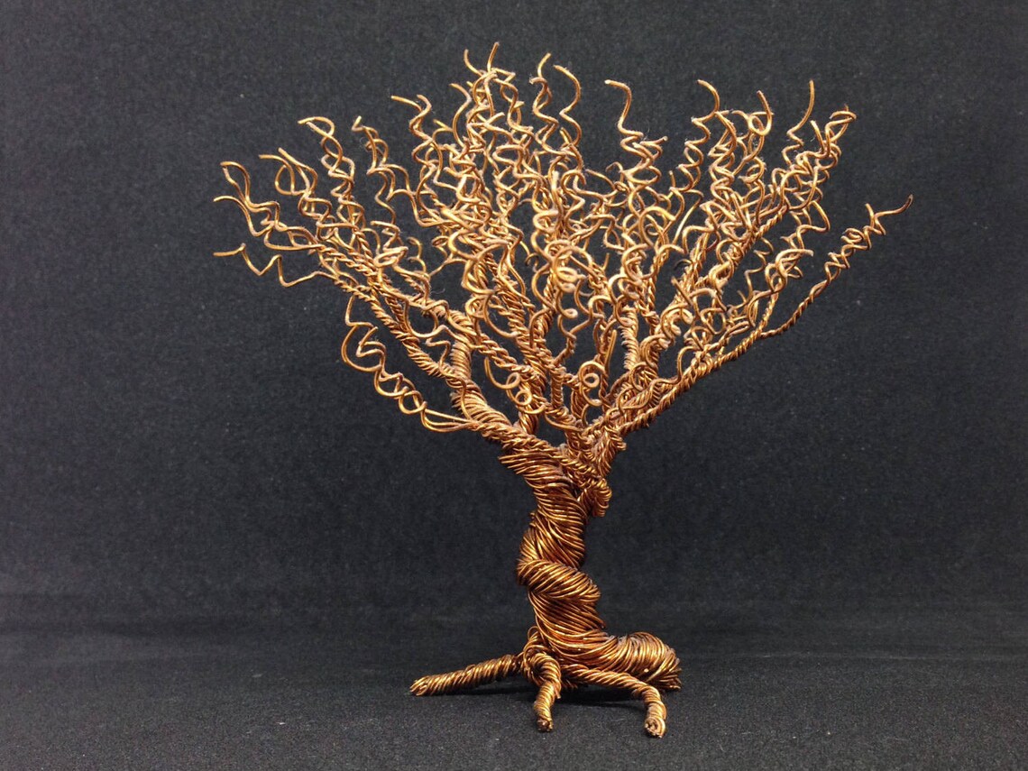 Copper Minimal Wire Art Tree Sculpture, Warm Gold Miniature Art Statue ...