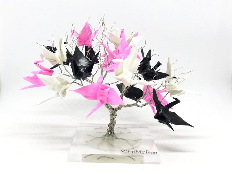 Origami Crane Tree, Breast Cancer Minimal Wire Tree Sculpture, Pink ...