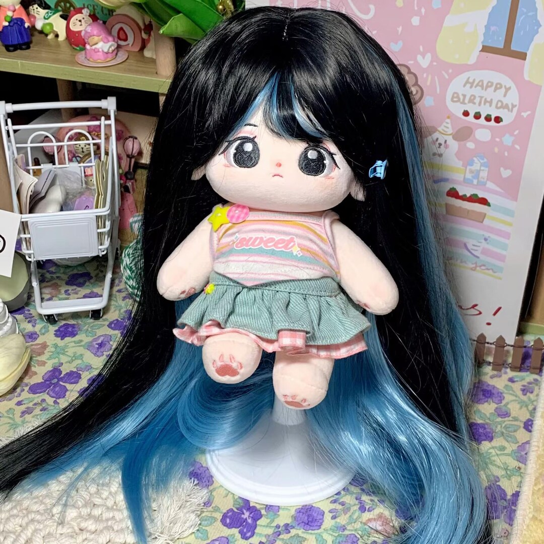 20cm Doll Wig Blue Black Black Long Straight Doll Wig Headwear ...