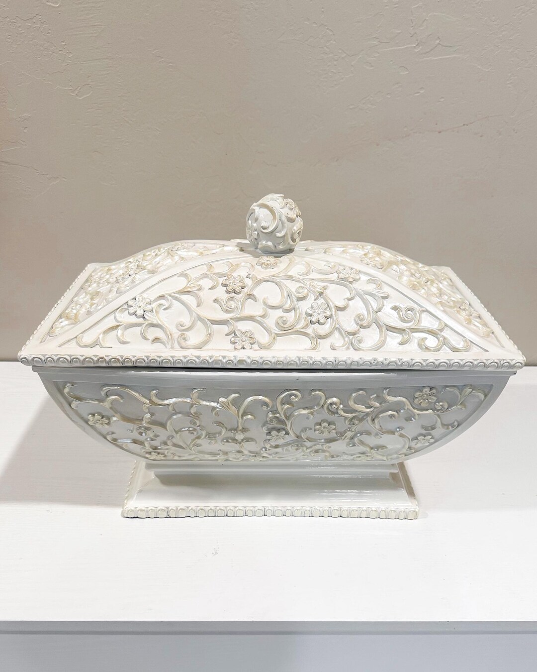 Hand-carved Large Decorative White Box | White and Cream Painted Wooden ...