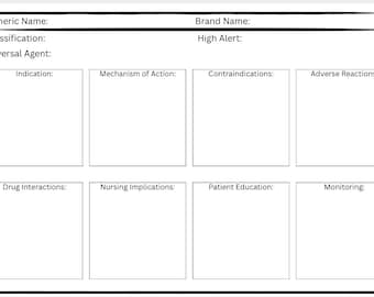 Nursing Student Medication Card Printable | Pharmacology Study Guide ...