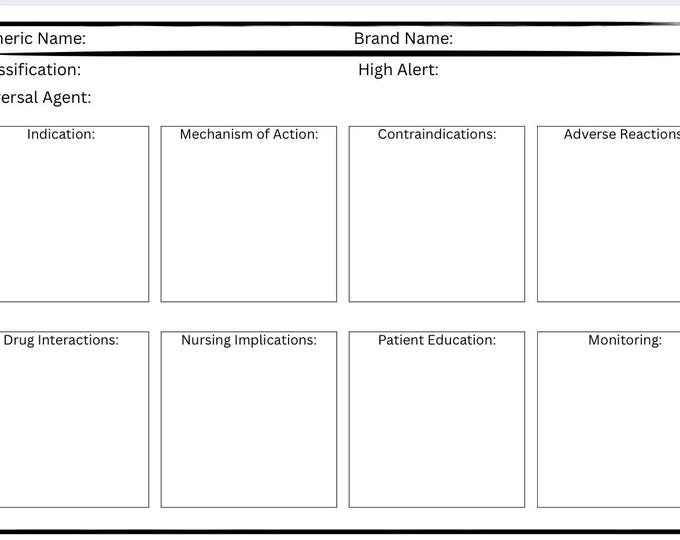 Nursing Student Medication Card Printable | Pharmacology Study Guide ...