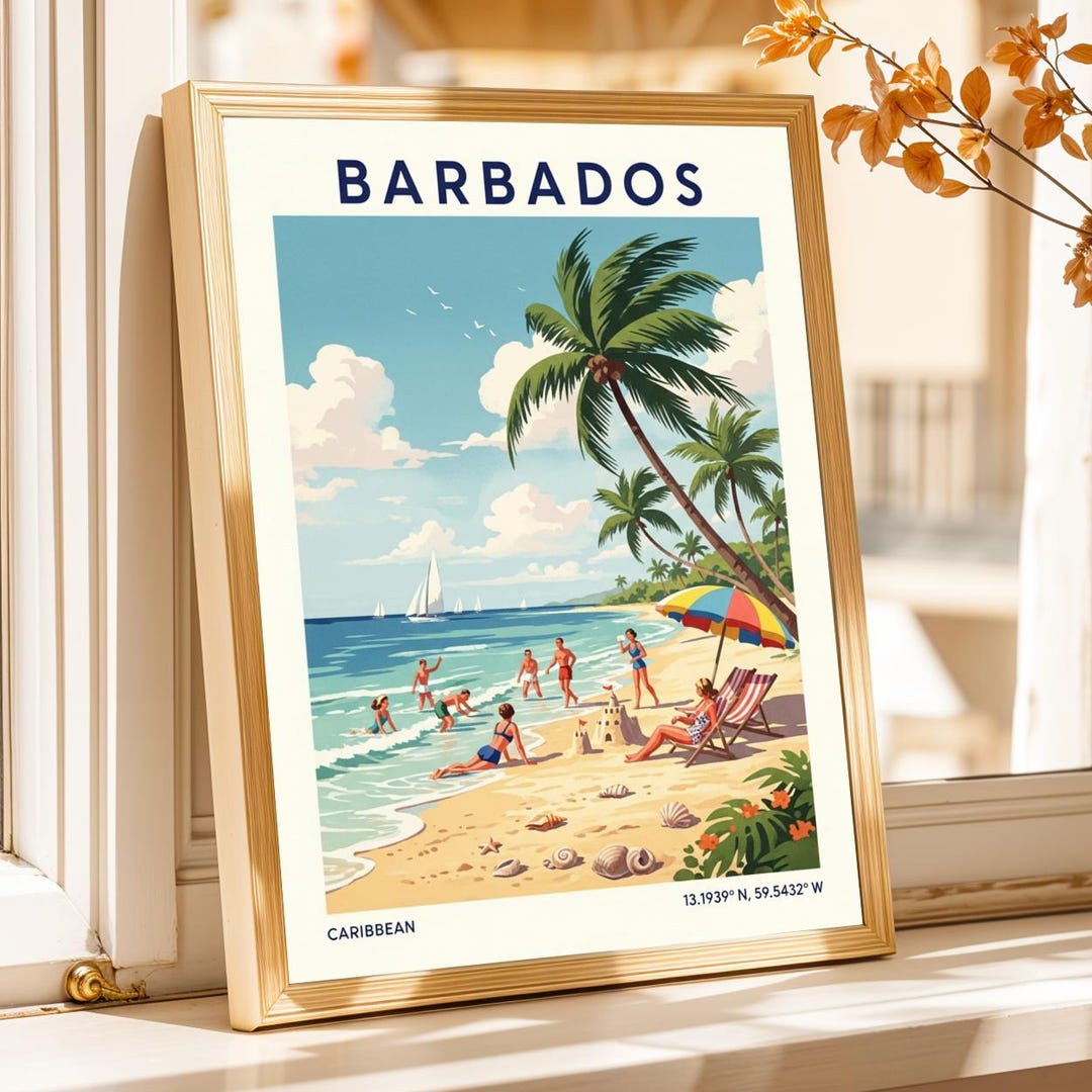 Vintage Barbados Travel Poster: Retro Caribbean Beach Scene Art - Etsy