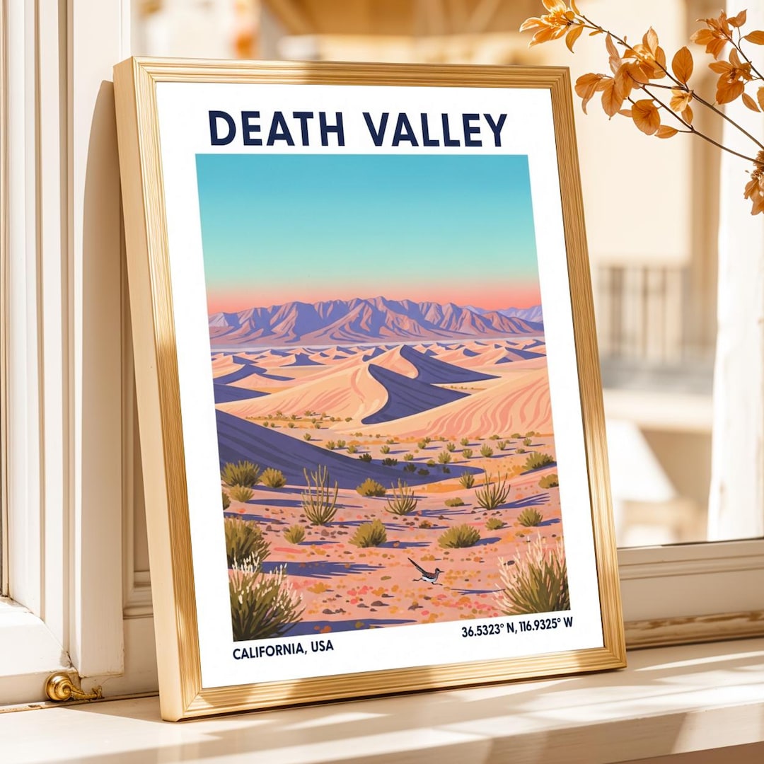 Death Valley Landscape Poster – Vintage Gouache Art in Blue, Pink ...