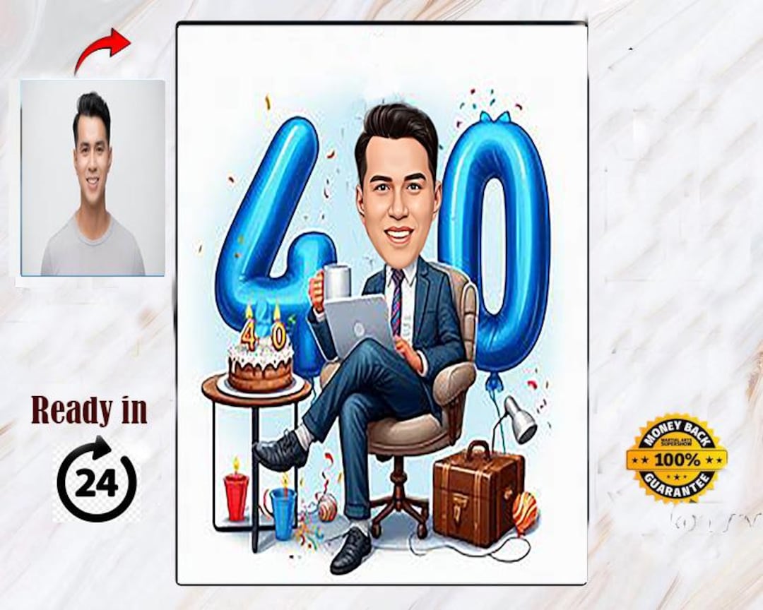 Custom 40th Man Cartoon Portrait, Personalized Birthday Gift, 40th ...