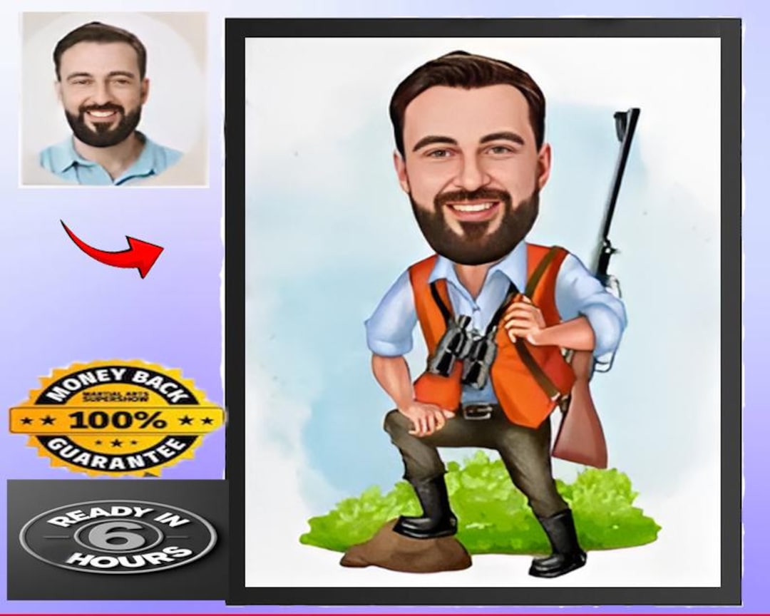 Personalized Hunter Cartoon Portrait, Custom Hunter Caricature Drawing ...
