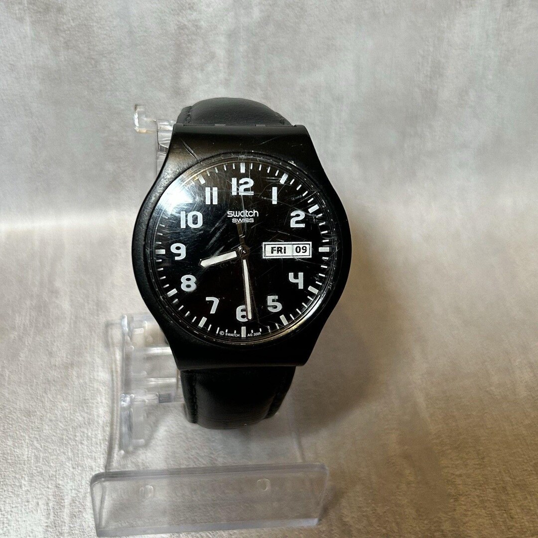 Vtg Swatch Watch Black AG2003 Day Date Gents Leather 37mm Rare - New ...