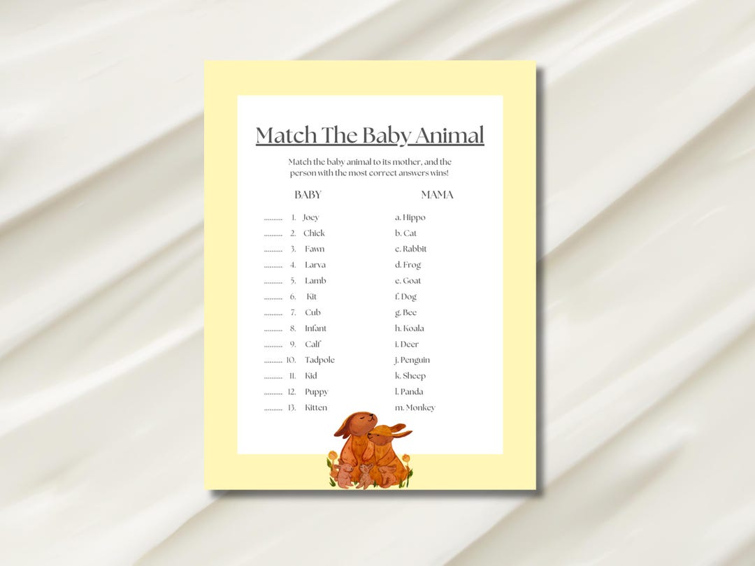 Baby Animal Match Game | Baby Shower Games Printable | | Instant ...