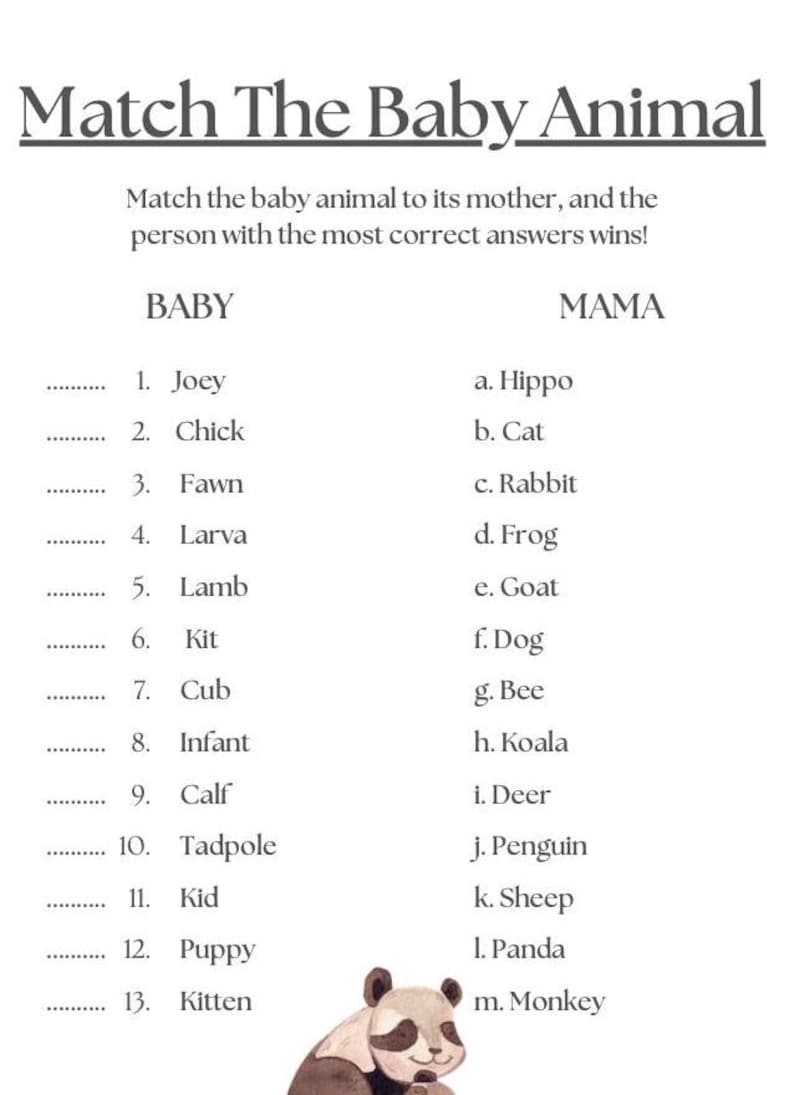 Baby Animal Match Game | Baby Shower Games Printable | Modern Match the ...