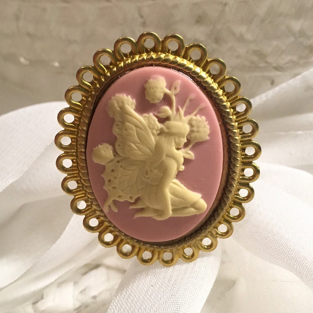 HATPIN With Ivory FAIRY Smelling Flowers on Pink Cameo, Set in a Gold ...